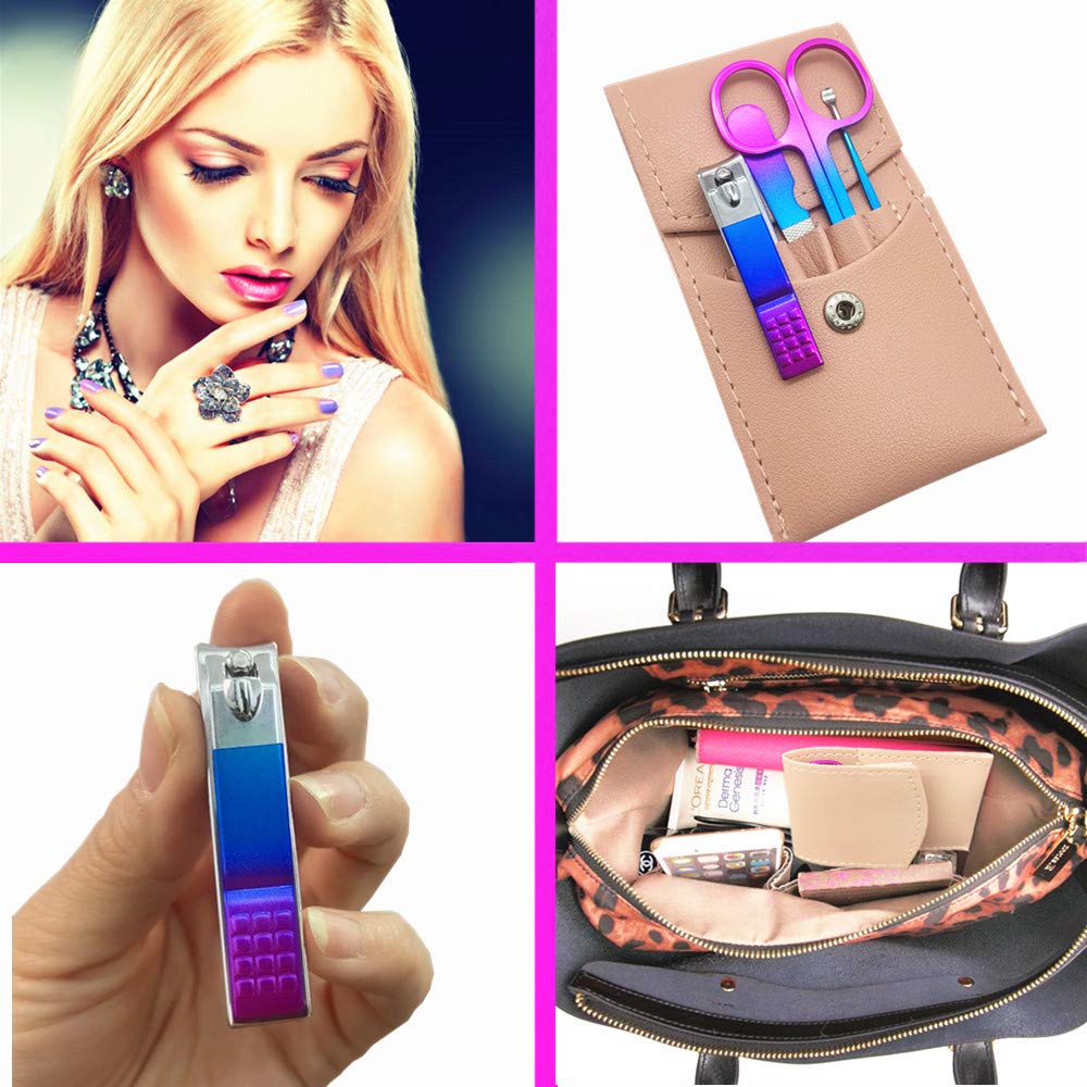 SHICEN Manicure Set, Professional Women Nail Clippers Kit 4PCS, Stainless Steel Nail Cutter Care Tools Professional Grooming Kits, PU Leather Travel Case (Colorful)