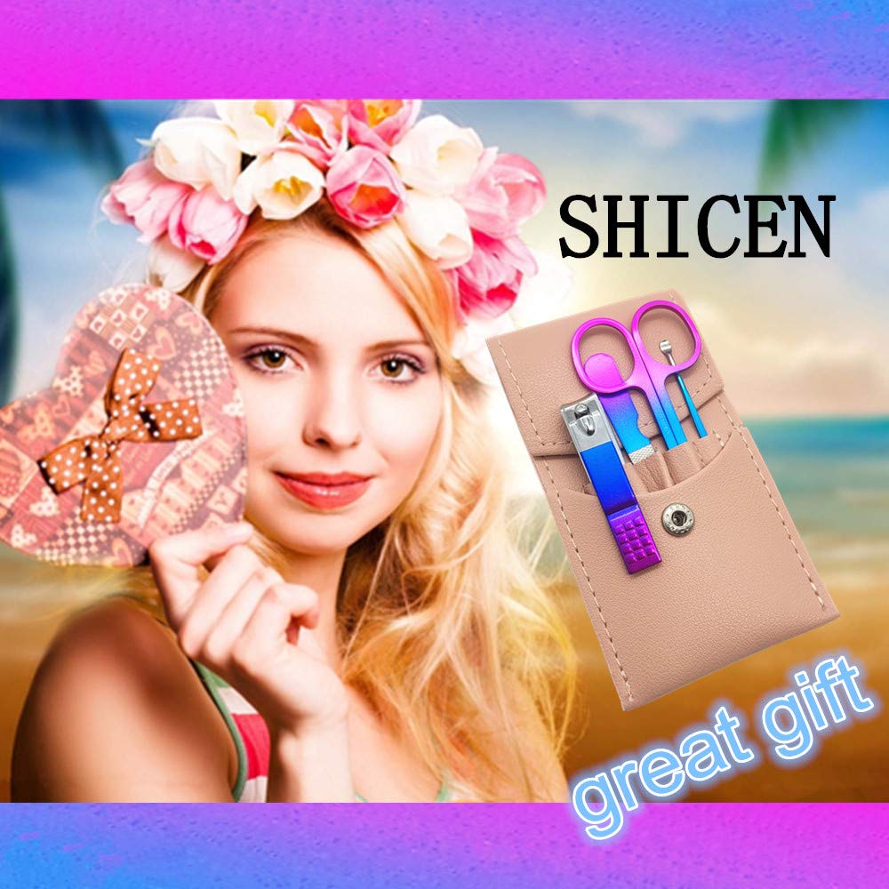 SHICEN Manicure Set, Professional Women Nail Clippers Kit 4PCS, Stainless Steel Nail Cutter Care Tools Professional Grooming Kits, PU Leather Travel Case (Colorful)