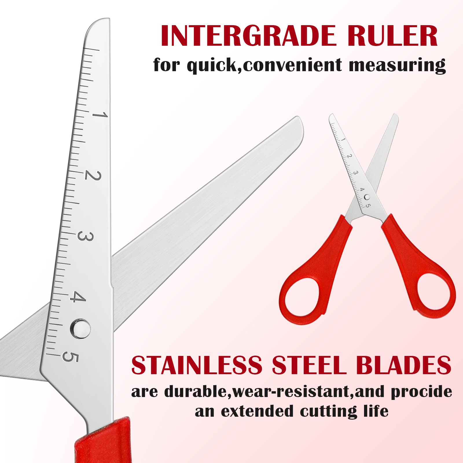 50 Pack Kids Scissors 5 Inch Blunt Tip Safety Scissors Stainless Steel Paper Scissors with Comfort Grip Handles and Scale for Students Craft (Red)
