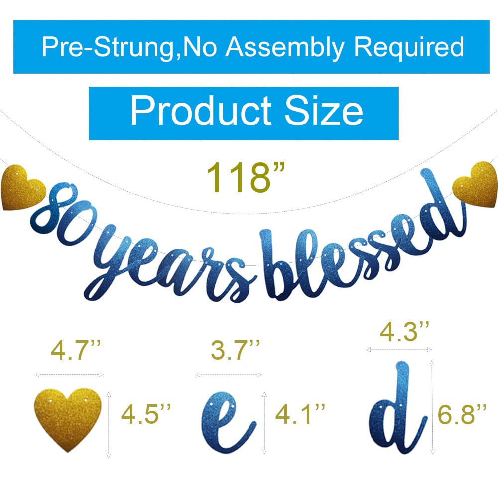 80 Years Blessed Banner, Pre-Strung, Blue Glitter Paper Garlands for 80th Birthday/Wedding Anniversary Party Decorations Supplies, No Assembly Required,(Blue) SUNbetterland