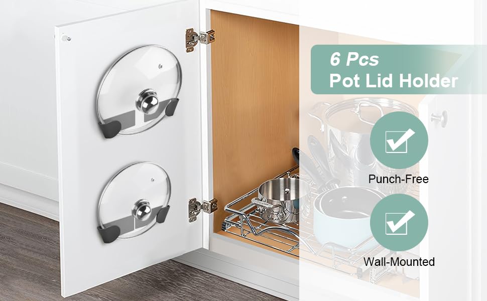 TOPINCN Pot Lid Holder, 6Pcs Household Punch‑Free Wall Mount Pot Lid Organizers Self Adhesive Pan Pot Lid Storage Rack Cabinet Doorback Organizer Kitchen Utensil Hanger for Home Kitchen Wall, Black