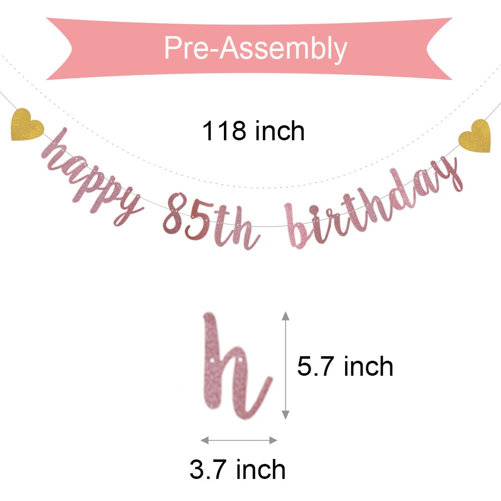 XIAOLUOLY Rose Gold Glitter Banner,Pre-Strung,85th Birthday Party Decorations Bunting Sign Backdrops,Happy 85th Birthday