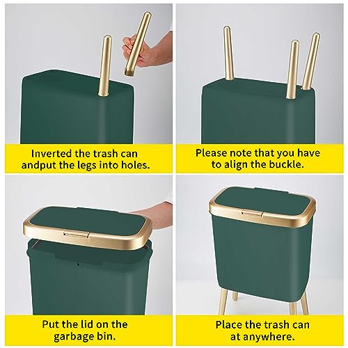 JOSUCLEN Bathroom Trash Can with Lid, Modern Bedroom Garbage Can with Gold Edge, 4 Gallon Trash Bin Plastic Waste can for Office, Narrow Garbage Can with Legs