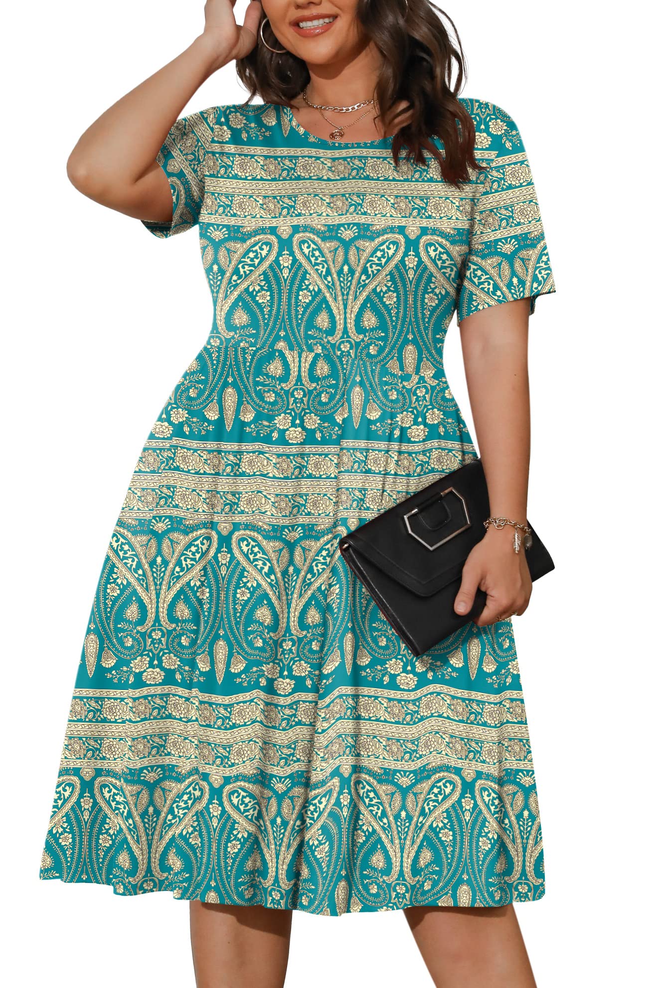 POSESHE Womens Plus Size Summer Dress for Women 2024 Hide Belly Soft Comfy Casual Empire Waist Dress,Blue Kaqi,XL