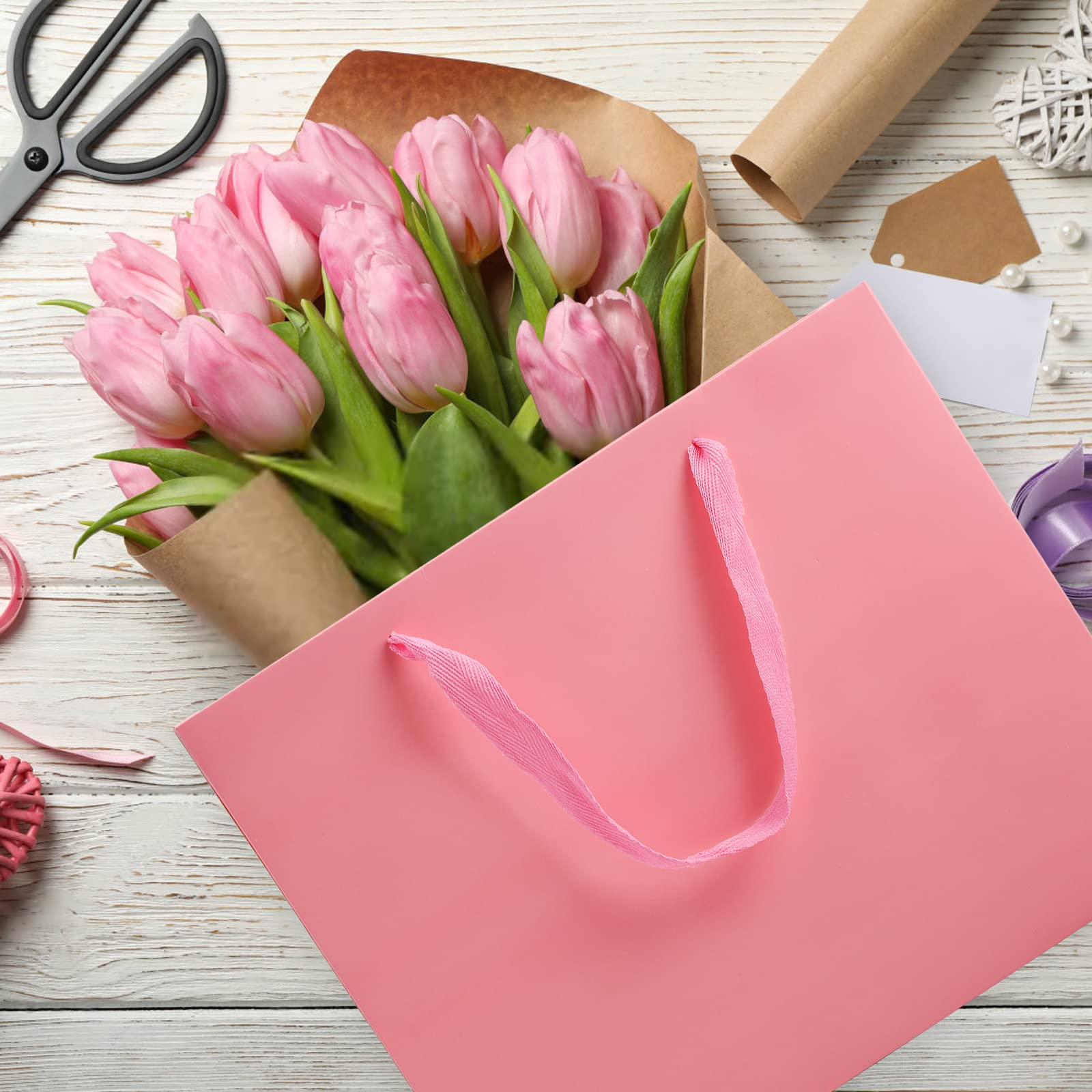 Lyellfe 30 Pack Pink Gift Bags, Heavy Duty Kraft Paper Bags with Handle Bulk, Recycled Water-proof Shopping Bags, Assoorted Merchandise Retail Bags for Birthday, Wedding, Party, S, M, L