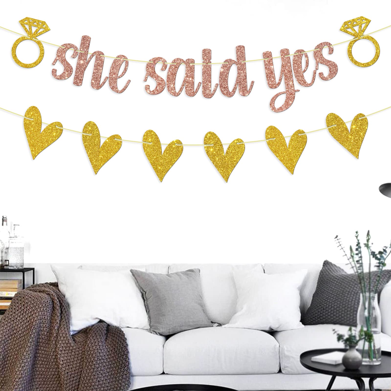 She Said Yes Banner - Just Engaged Decorations, Wedding, Engagement, Bridal Shower Party Decorations ( Rose Gold)
