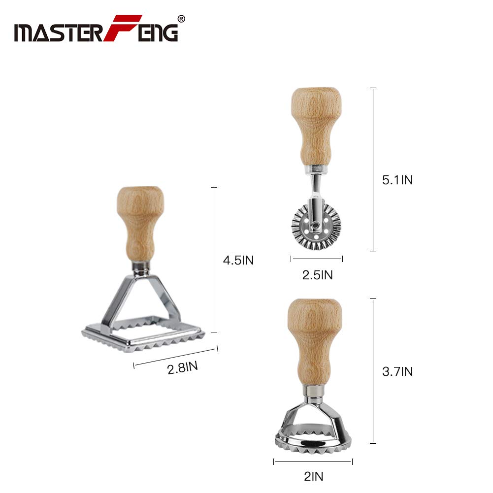 MASTER FENG Ravioli Stamp Maker Cutter with Roller Wheel Set, Mold with Wooden Handle and Fluted Edge, Pasta Press Kitchen Attachment (3 Set with Cutter)