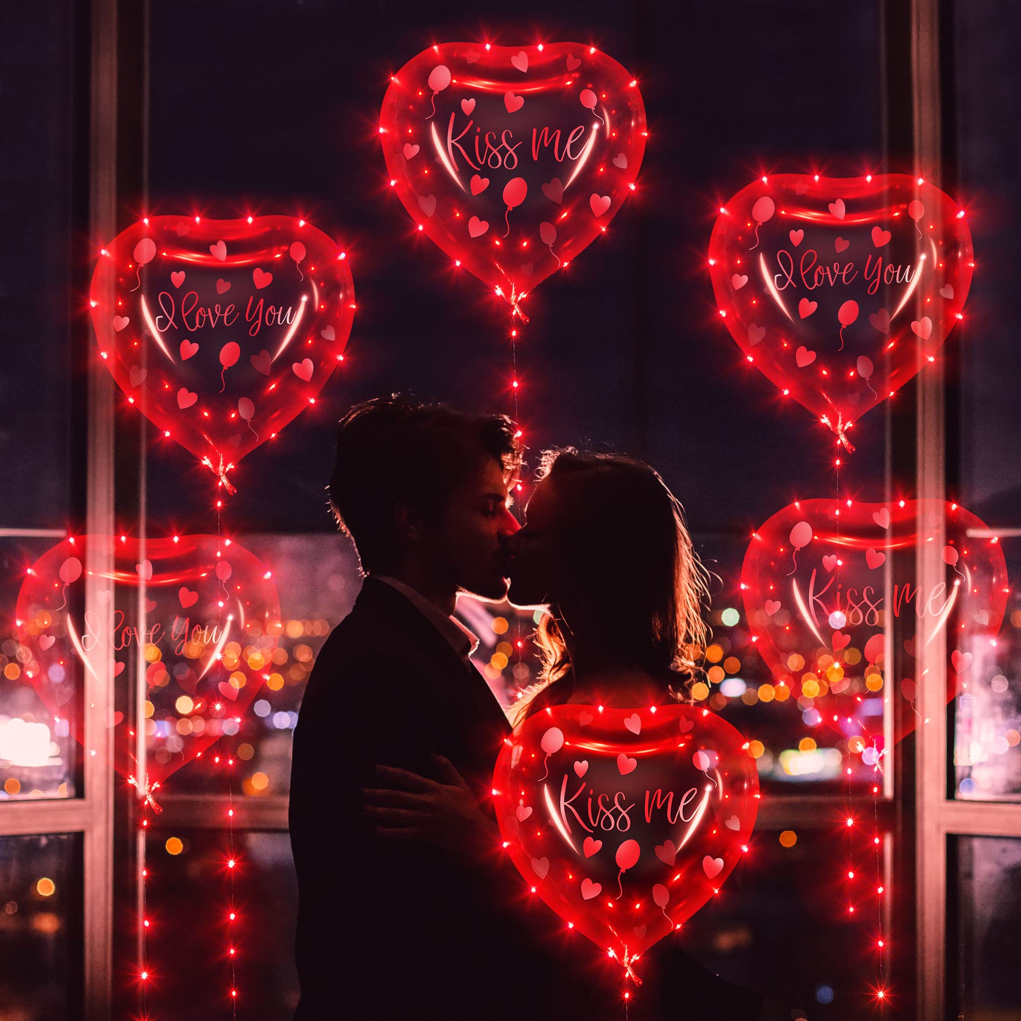 Red Heart Light Up Balloons, 6 Pack 20 Inches BoBo Bubble Transparent Helium Balloons with 10 Feet LED String Lights for Valentines Wedding Party Decoration (Red)
