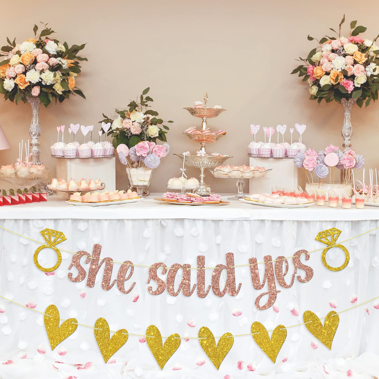 She Said Yes Banner - Just Engaged Decorations, Wedding, Engagement, Bridal Shower Party Decorations ( Rose Gold)