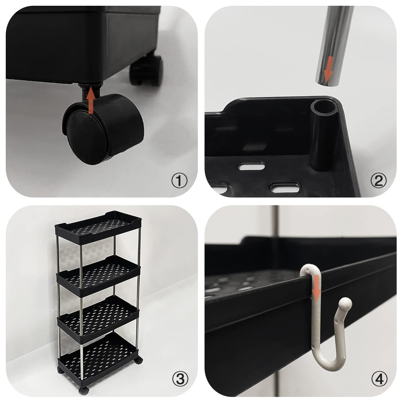 OHAHALICO 2 Pack 4 Tier Storage Cart, Bathroom Rolling Utility Cart Storage Organizer Slide Out Cart, Mobile Shelving Unit Organizer Trolley for Office Bathroom Kitchen Laundry Room, Black