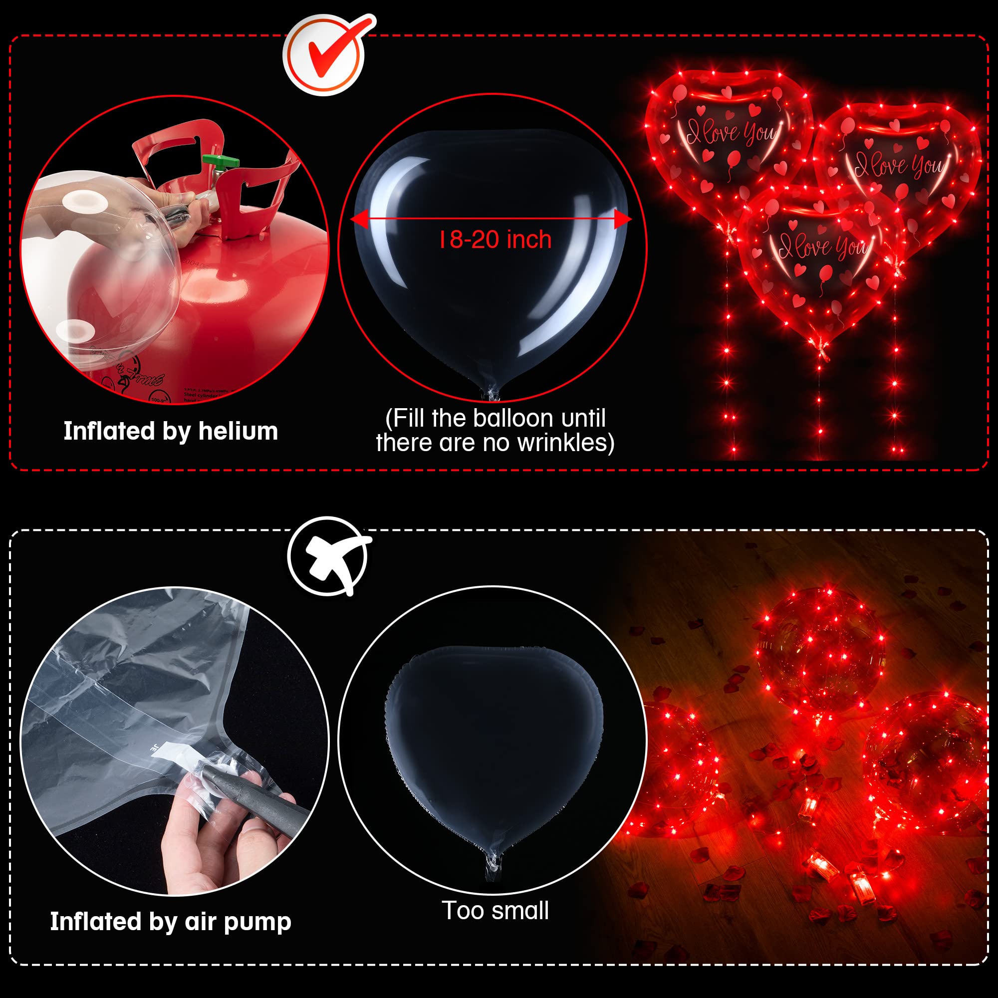 Red Heart Light Up Balloons, 6 Pack 20 Inches BoBo Bubble Transparent Helium Balloons with 10 Feet LED String Lights for Valentines Wedding Party Decoration (Red)