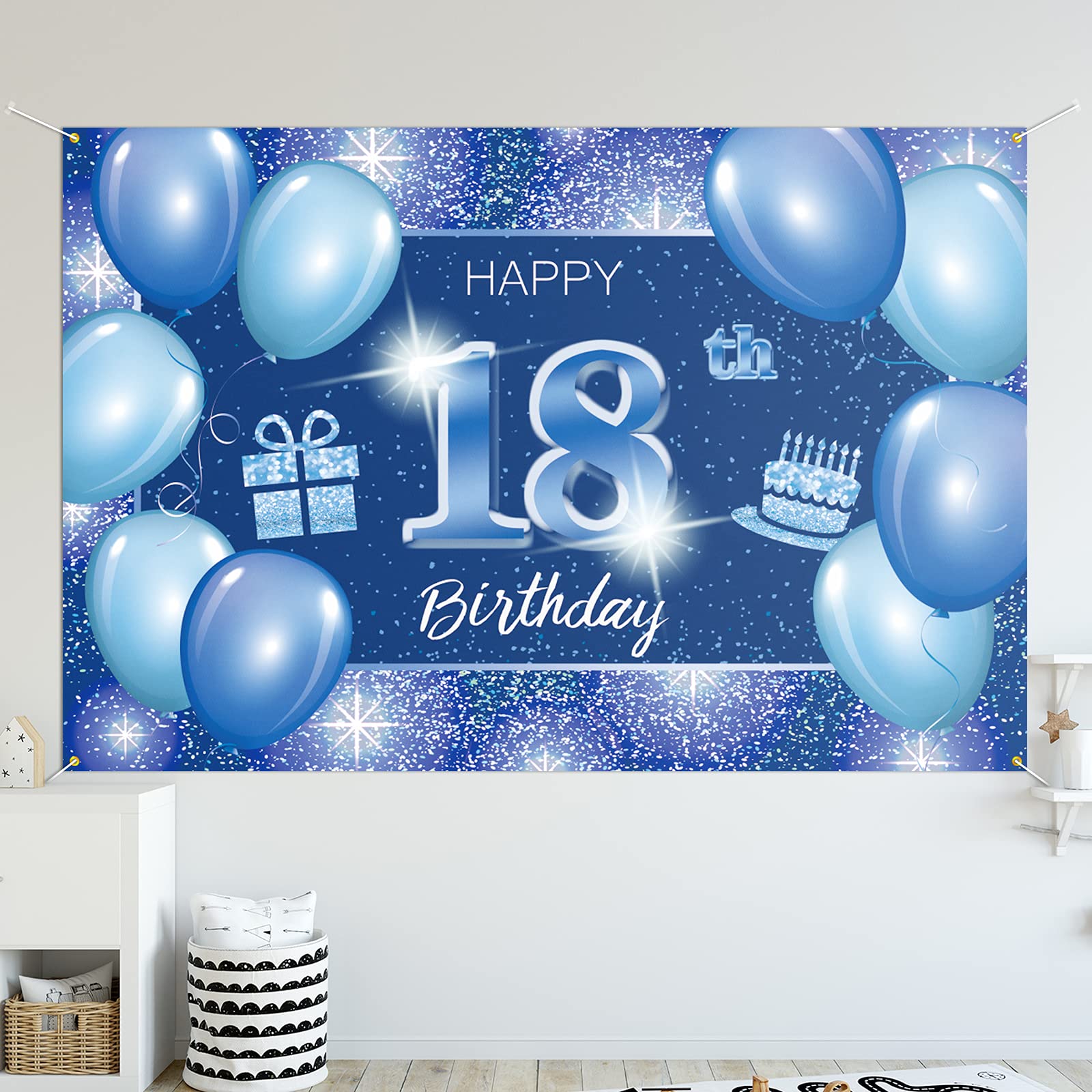 Happy 17th Birthday Backdrop Banner Decor Blue – Dot Glitter Sparkle 17 Years Old Birthday party Theme Decorations for Boys Girls Supplies