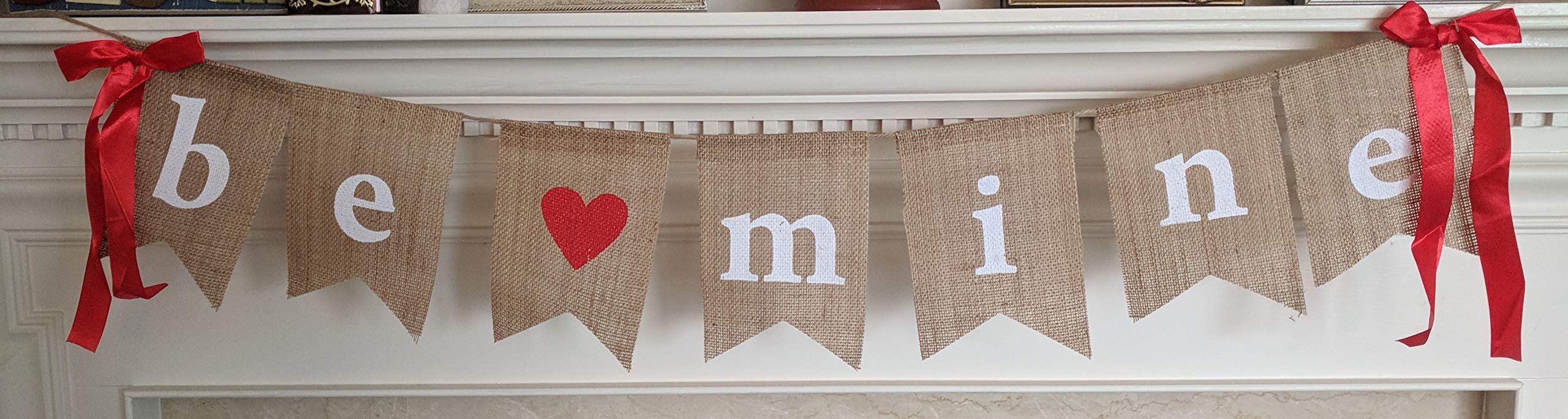 Be Mine Valentines Day Banner - Red Ribbon Heart Mantle Decor - Valentine's Burlap Garland Home Decoration - Valentine Engagement Photo Party Props by Jolly Jon