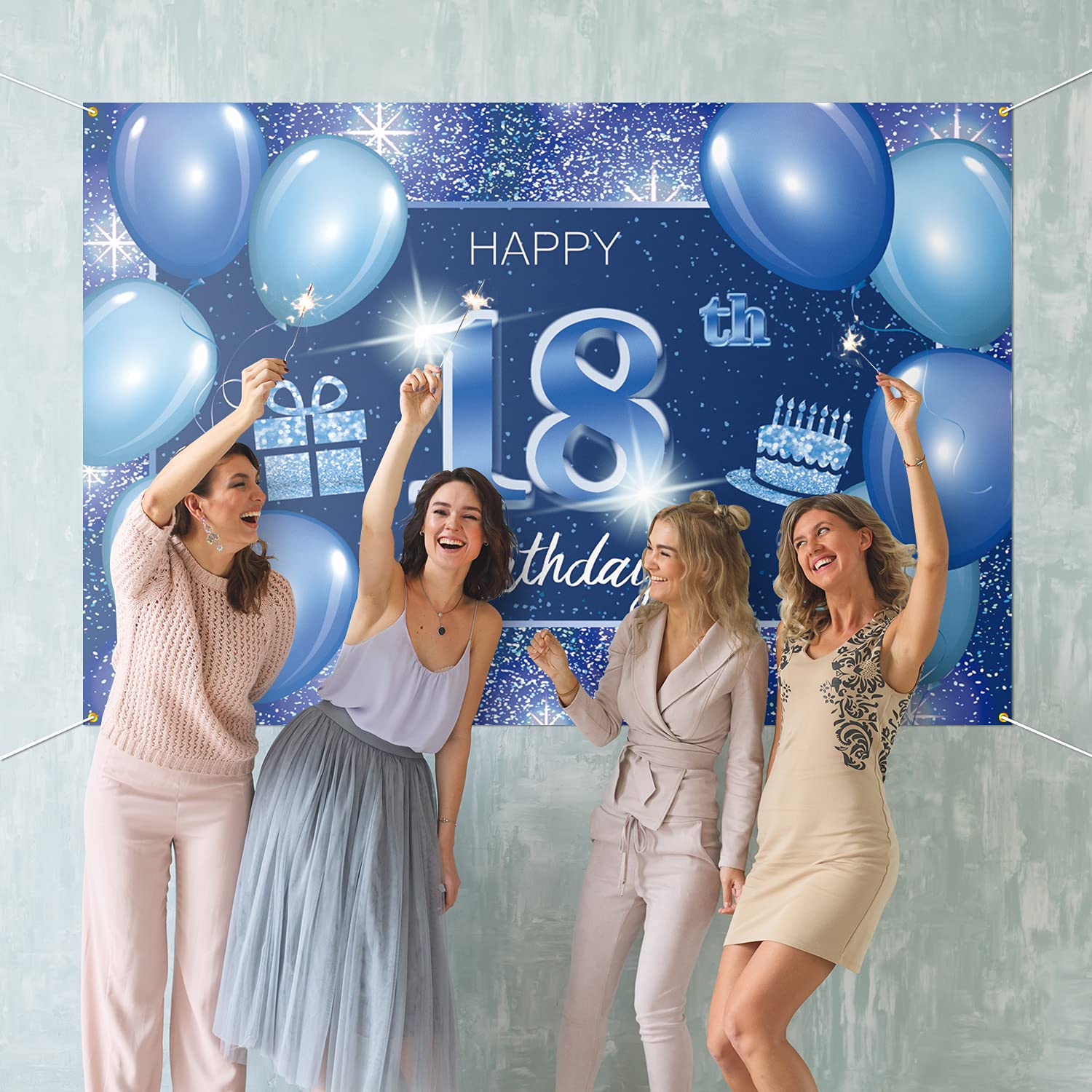 Happy 17th Birthday Backdrop Banner Decor Blue – Dot Glitter Sparkle 17 Years Old Birthday party Theme Decorations for Boys Girls Supplies