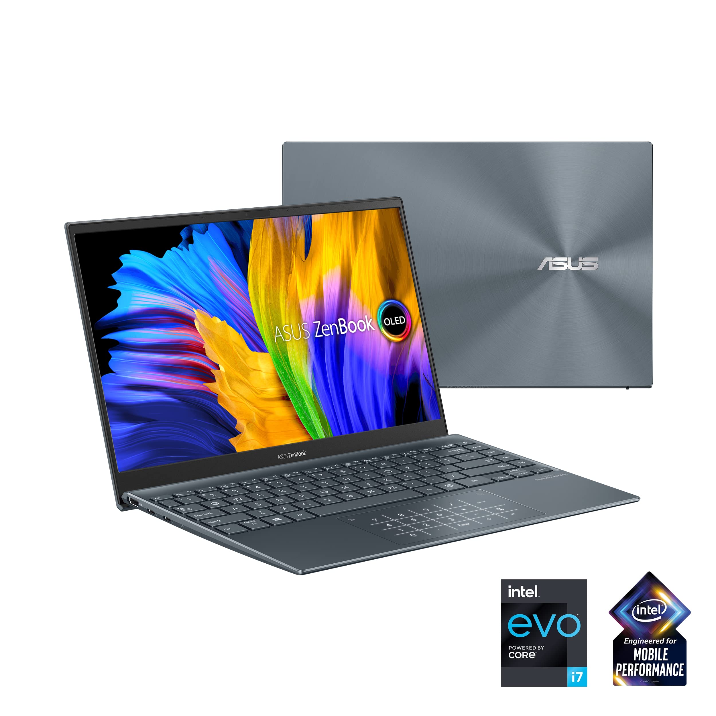 ASUS ZenBook 13 Ultra-Slim Laptop, 13.3” OLED NanoEdge, Intel Evo Platform i7-1165G7, 8GB, 512GB SSD, NumberPad, Thunderbolt 4, Wi-Fi 6, Windows 11 Home, AI Noise-Cancellation, Pine Grey, UX325EA-EH71