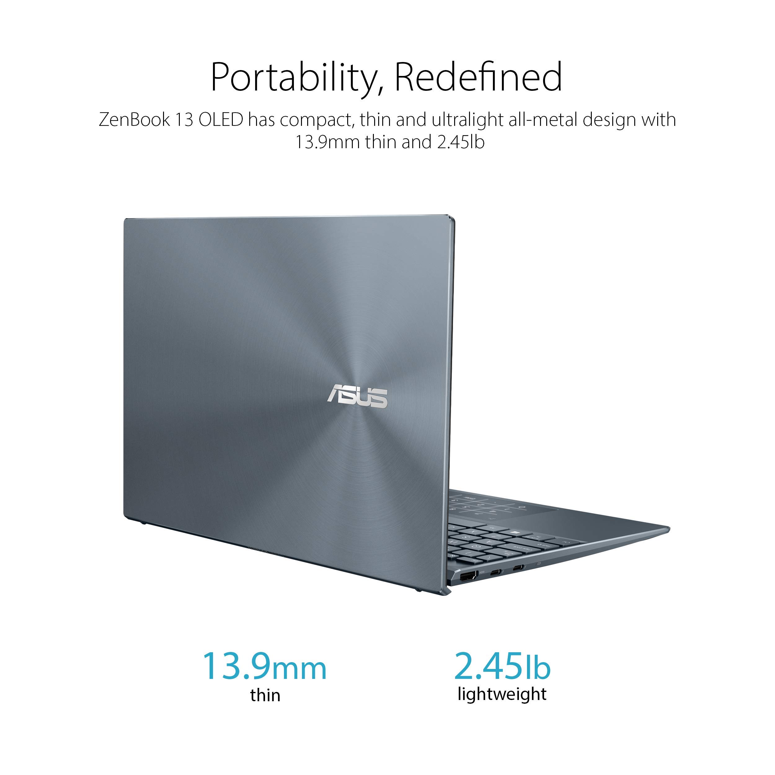 ASUS ZenBook 13 Ultra-Slim Laptop, 13.3” OLED NanoEdge, Intel Evo Platform i7-1165G7, 8GB, 512GB SSD, NumberPad, Thunderbolt 4, Wi-Fi 6, Windows 11 Home, AI Noise-Cancellation, Pine Grey, UX325EA-EH71