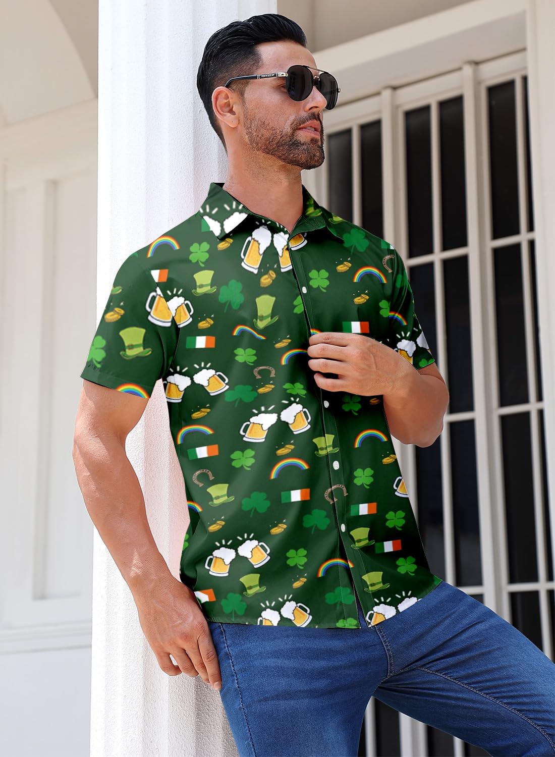 uideazone Hawaiian Shirt for St.Patrick's Day Men Button Down Green Shirt Short Sleeve Tropcial Shirts
