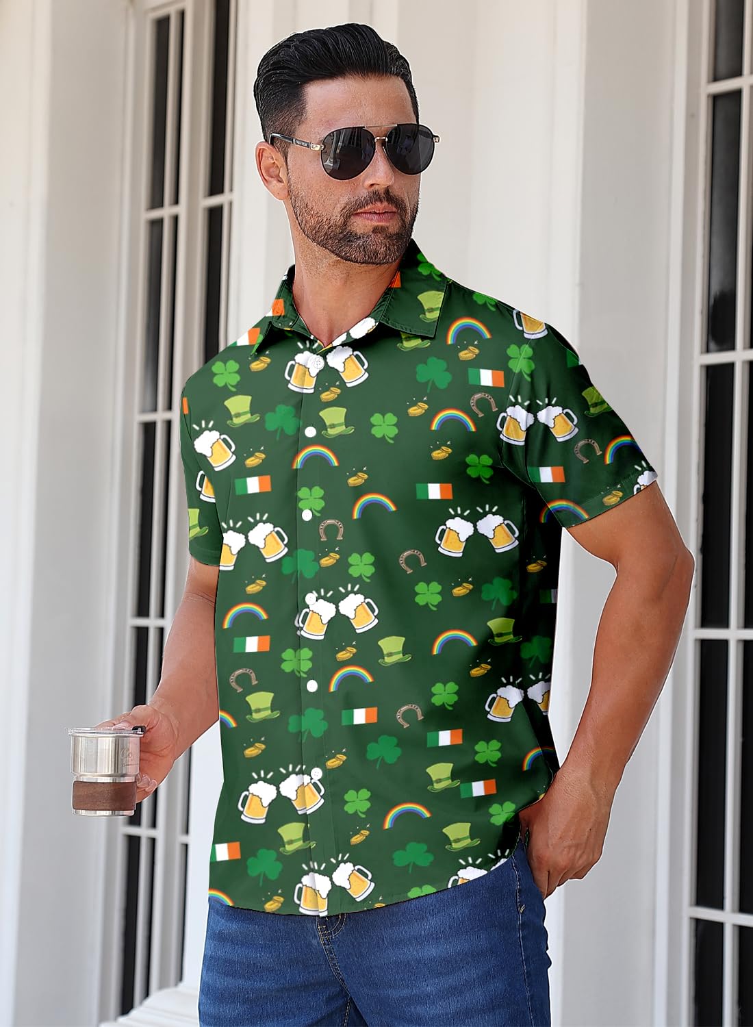 uideazone Hawaiian Shirt for St.Patrick's Day Men Button Down Green Shirt Short Sleeve Tropcial Shirts