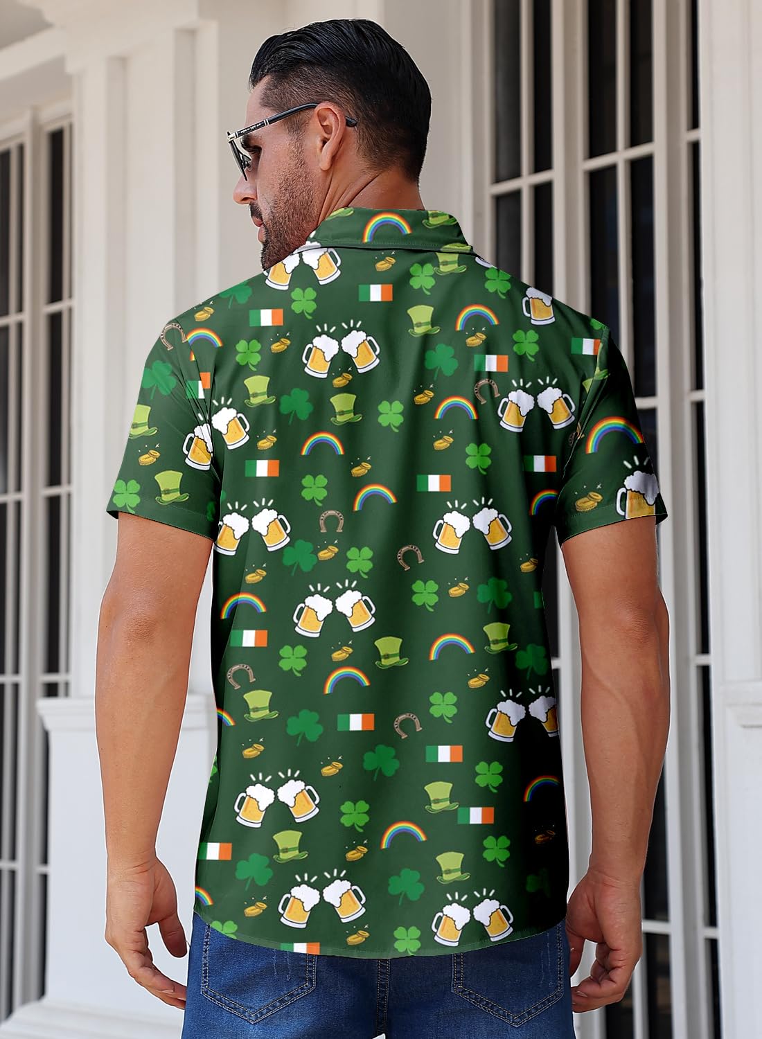 uideazone Hawaiian Shirt for St.Patrick's Day Men Button Down Green Shirt Short Sleeve Tropcial Shirts