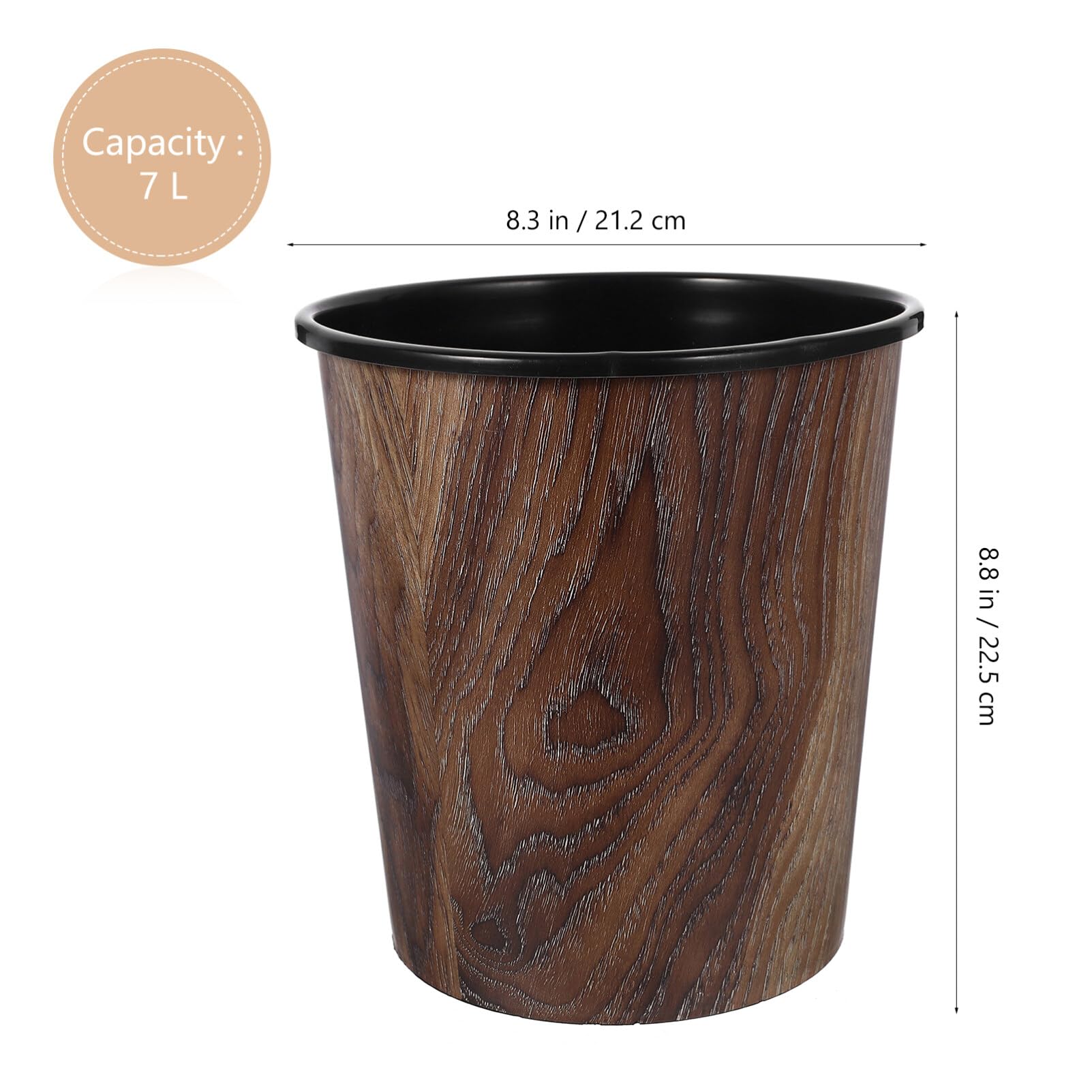 Cabilock Vintage Plastic Trash Can Wood Grain Waste Basket 7L Open Top Garbage Bucket Rubbish Bin Round Garbage Can Farmhouse Container for Kitchen Bathroom Office Under Desk
