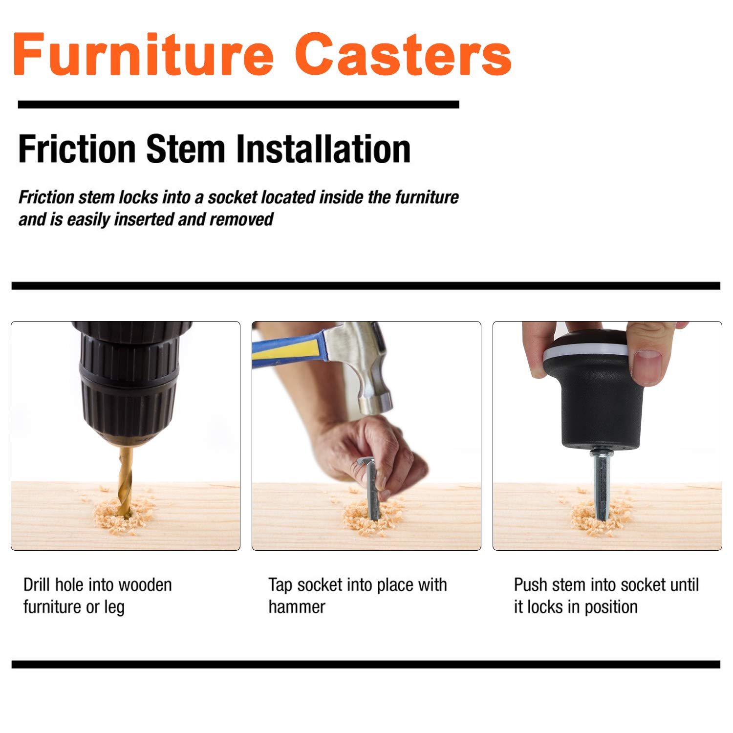 Bell Glides Caster Wheels,Fixed Stationary Castors for caster Sofa Chair Cabinet Furniture Replacement with Mounting Stem Sleeve Socket Insert sets of 5