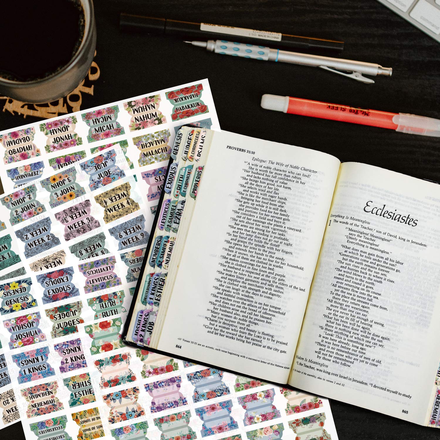 Bible Index Tabs New & Old Testament Tabs Matte Laminated Floral Design - 121 Pcs (Floral)