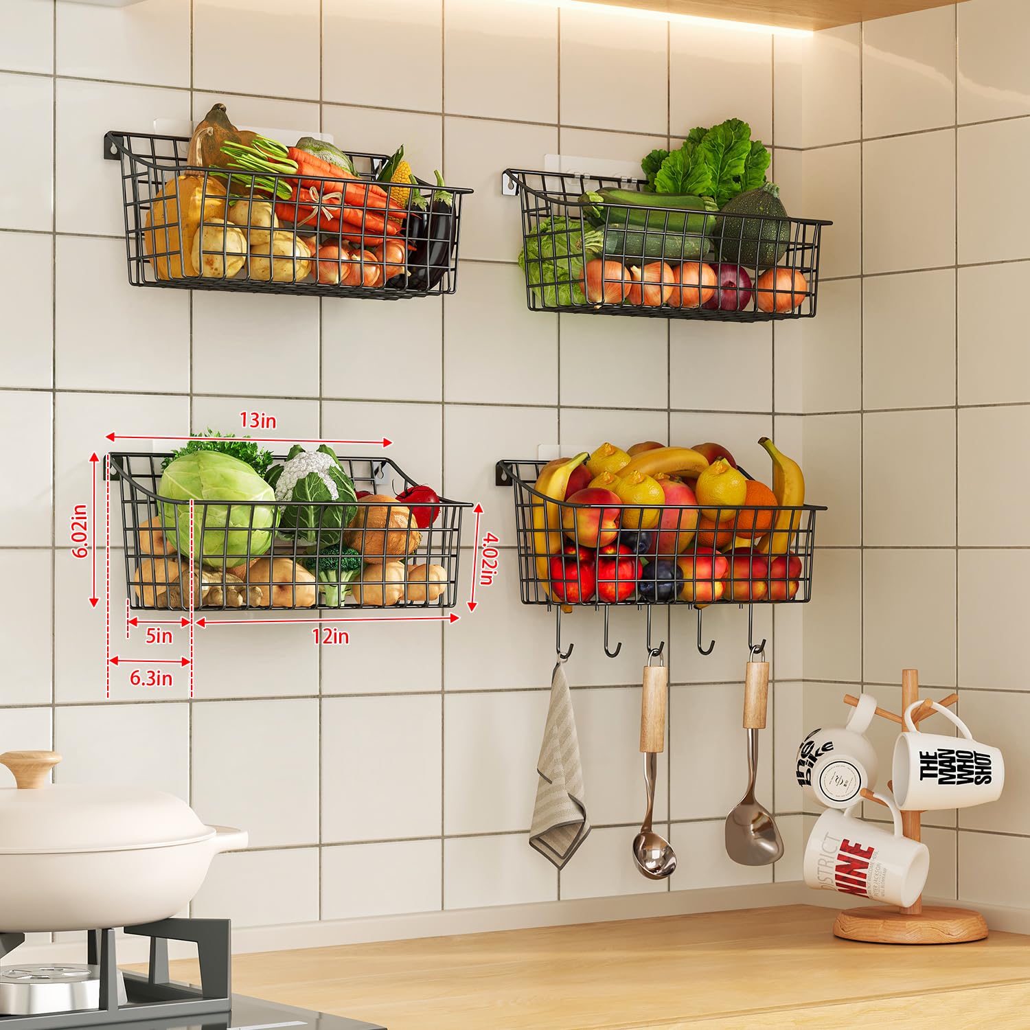 4 Pack Hanging Wall Basket for Organizing, Large Wire Baskets for Storage Pantry with 5 S Hooks+4 Strong Adhesive Wall Hooks, Wall Mounted Metal Wire Storage Baskets Shelf for Cabinet Kitchen Bathroom