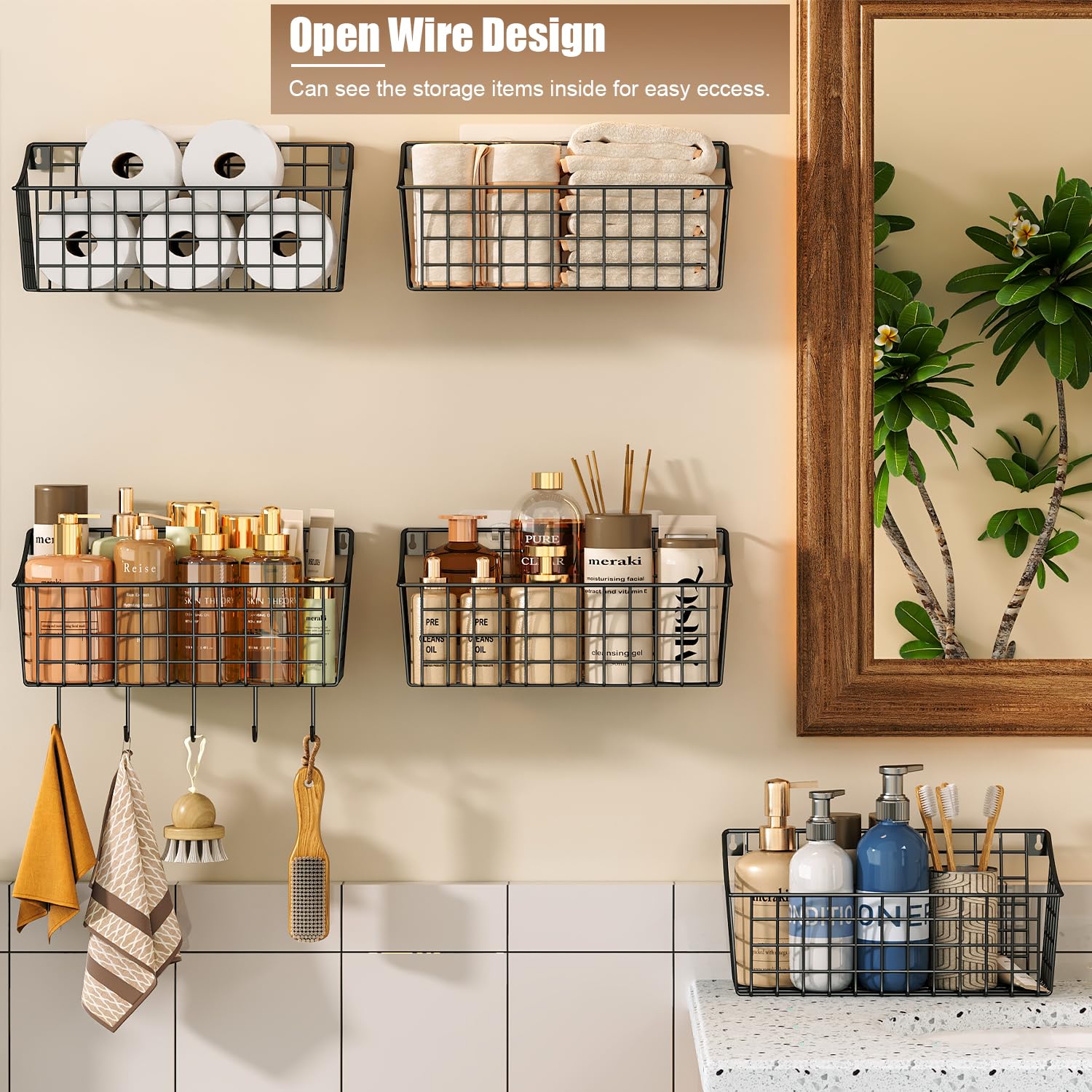 4 Pack Hanging Wall Basket for Organizing, Large Wire Baskets for Storage Pantry with 5 S Hooks+4 Strong Adhesive Wall Hooks, Wall Mounted Metal Wire Storage Baskets Shelf for Cabinet Kitchen Bathroom