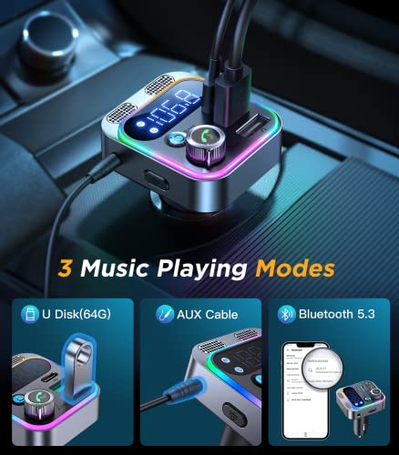 2022 Bluetooth 5.3 FM Transmitter for Car, JOYROOM [Stronger Dual Mics & HiFi Deep Bass Sound] , 48W PD&QC3.0 Bluetooth Car Adapter, Hands-Free Calling, Larger LED, AUX Output & U Disk