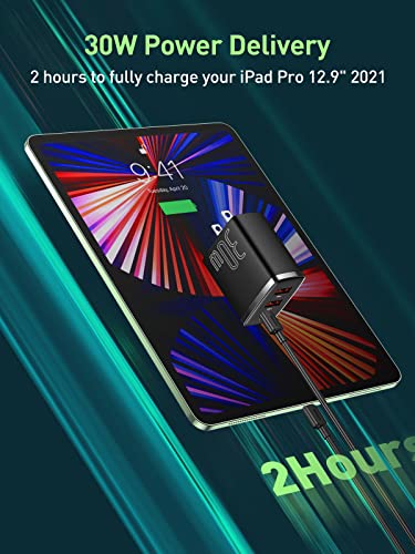 USB C Wall Charger, Baseus 30W 3-Port Charger Block, Fast Compact PD Charger for iPad Pro/Air/Mini, iPhone 13/13 Pro Max/12/SE/11/XR/XS, Samsung, AirPods, MagSafe, Apple Watch, Pixel, LG, Black