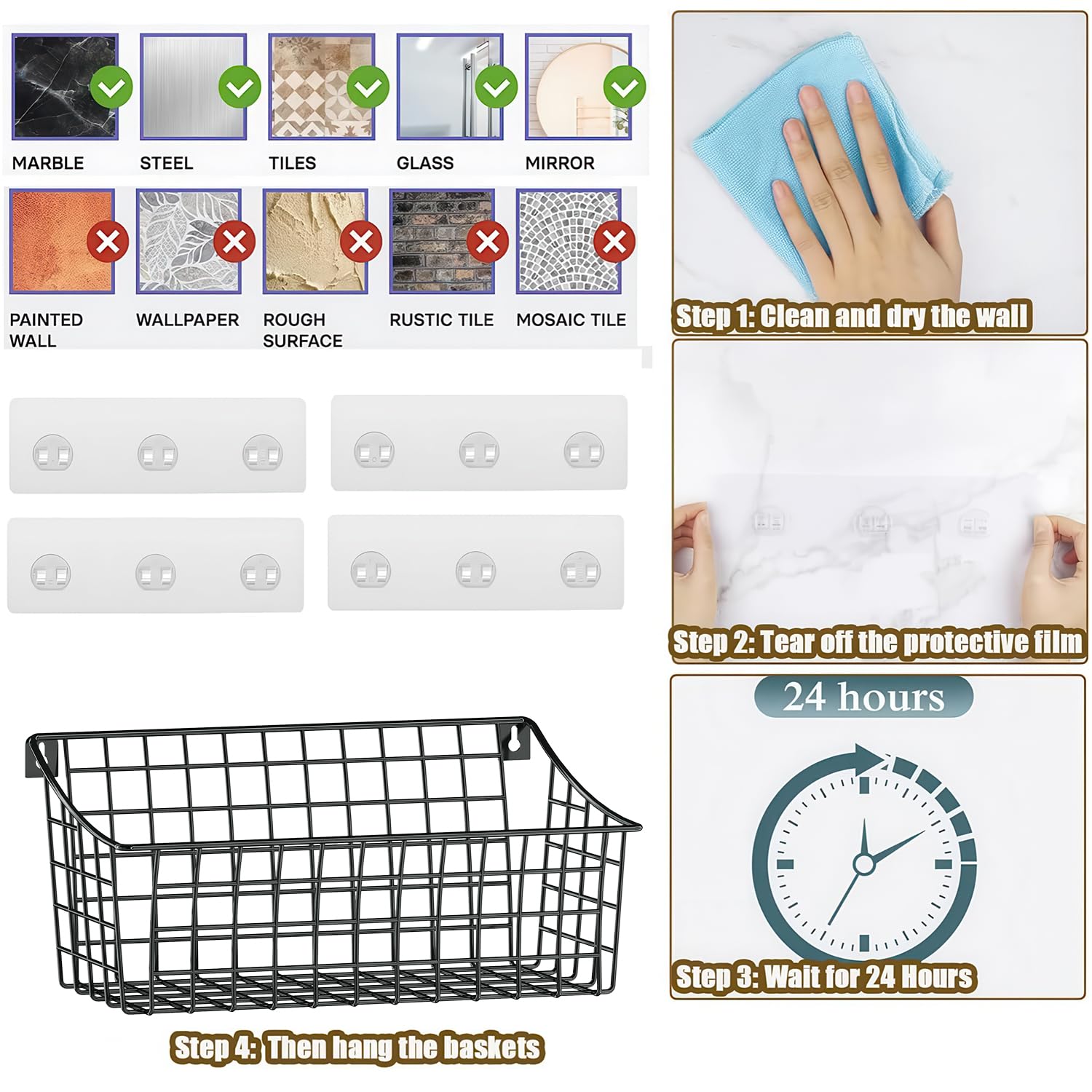 4 Pack Hanging Wall Basket for Organizing, Large Wire Baskets for Storage Pantry with 5 S Hooks+4 Strong Adhesive Wall Hooks, Wall Mounted Metal Wire Storage Baskets Shelf for Cabinet Kitchen Bathroom