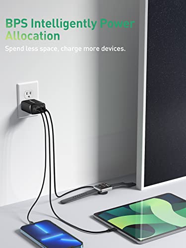 USB C Wall Charger, Baseus 30W 3-Port Charger Block, Fast Compact PD Charger for iPad Pro/Air/Mini, iPhone 13/13 Pro Max/12/SE/11/XR/XS, Samsung, AirPods, MagSafe, Apple Watch, Pixel, LG, Black