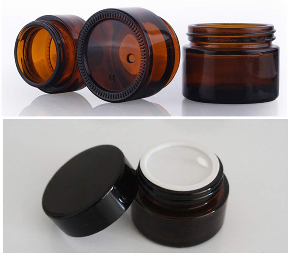 5Pcs 10ml 0.35oz Travel Size Empty Refillable Amber Glass Cosmetic Containers Round Sample Jars Pot Vial Bottle with Inner Liners and Black Lids for Face Creams Lotions and More