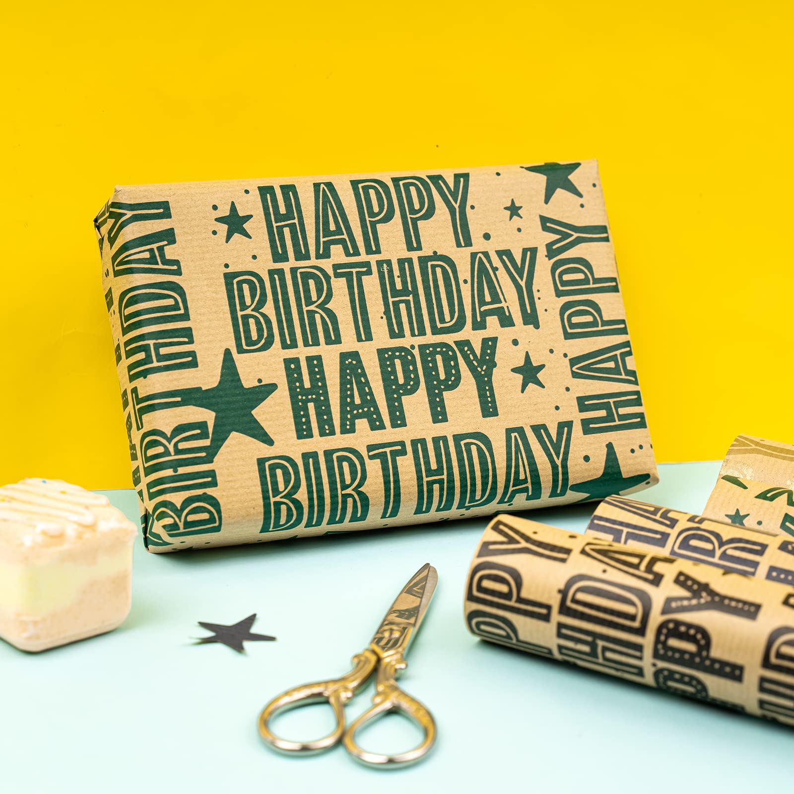 RUSPEPA Kraft Wrapping Paper Rolls - 17 inches x 10 feet per Roll, Total of 4 Rolls, Birthday Greeting