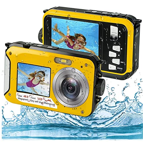 Tefola Waterproof Digital Camera, Full HD 2.7K 48MP 10ft Waterproof Underwater Digital Camera 16X Digital Zoom Front Rear Double Screens Waterproof Digital Camera(Yellow)