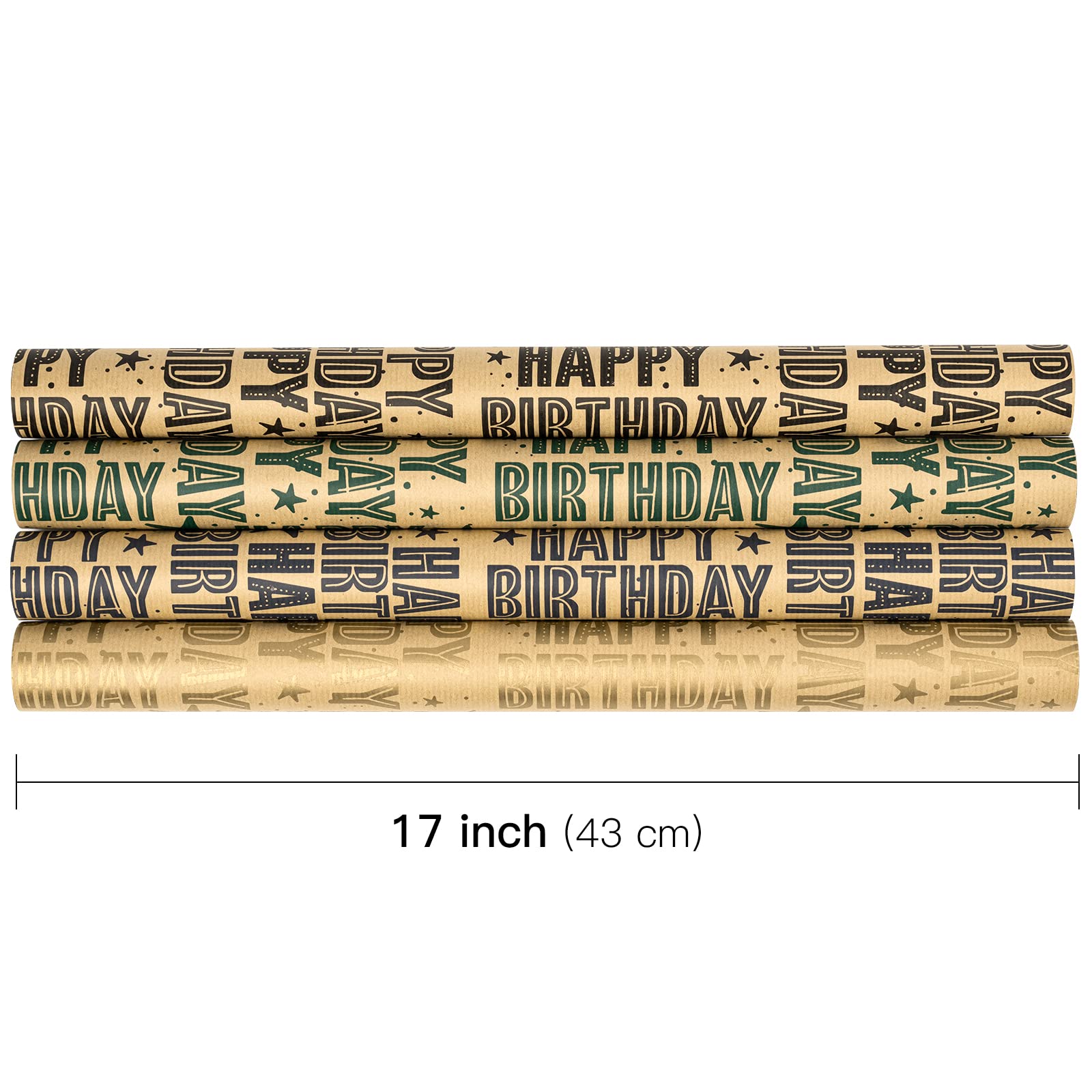 RUSPEPA Kraft Wrapping Paper Rolls - 17 inches x 10 feet per Roll, Total of 4 Rolls, Birthday Greeting