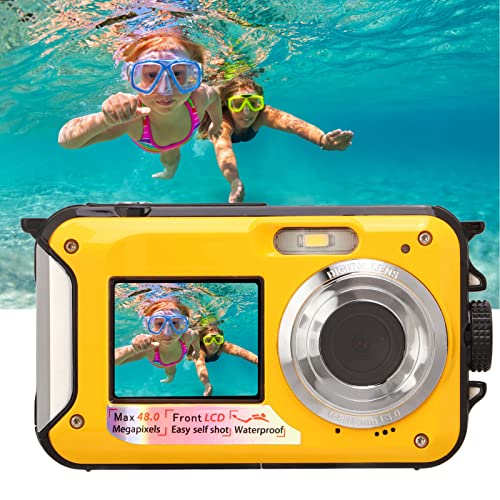Tefola Waterproof Digital Camera, Full HD 2.7K 48MP 10ft Waterproof Underwater Digital Camera 16X Digital Zoom Front Rear Double Screens Waterproof Digital Camera(Yellow)