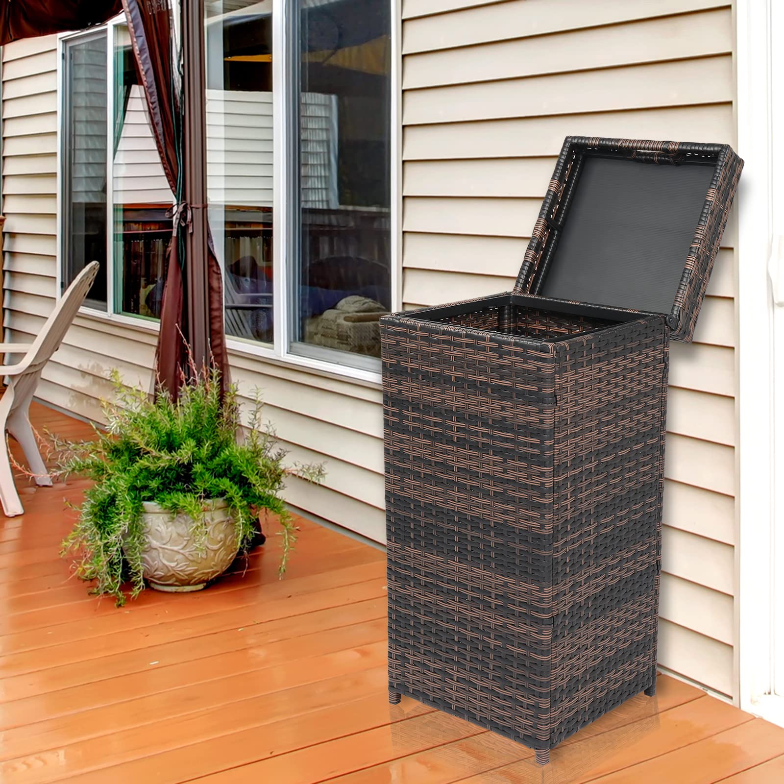 Henf 24-Gallon Outdoor Rattan Trash Can Wicker Waste Basket with Lid, Corner Wastebasket Trash Bin w/Sturdy Metal Frame for Poolside Backyard Patio Kitchen