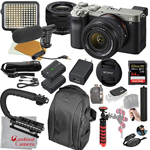 Cardinal Camera-Sony Sony Alpha a7C Mirrorless Digital Camera with 28-60mm Lens (Silver) Video Bundle + LED Video Light + Microphone + Extreme Speed 64GB Memory(20pc Bundle), full-size, ILCE7CL/B