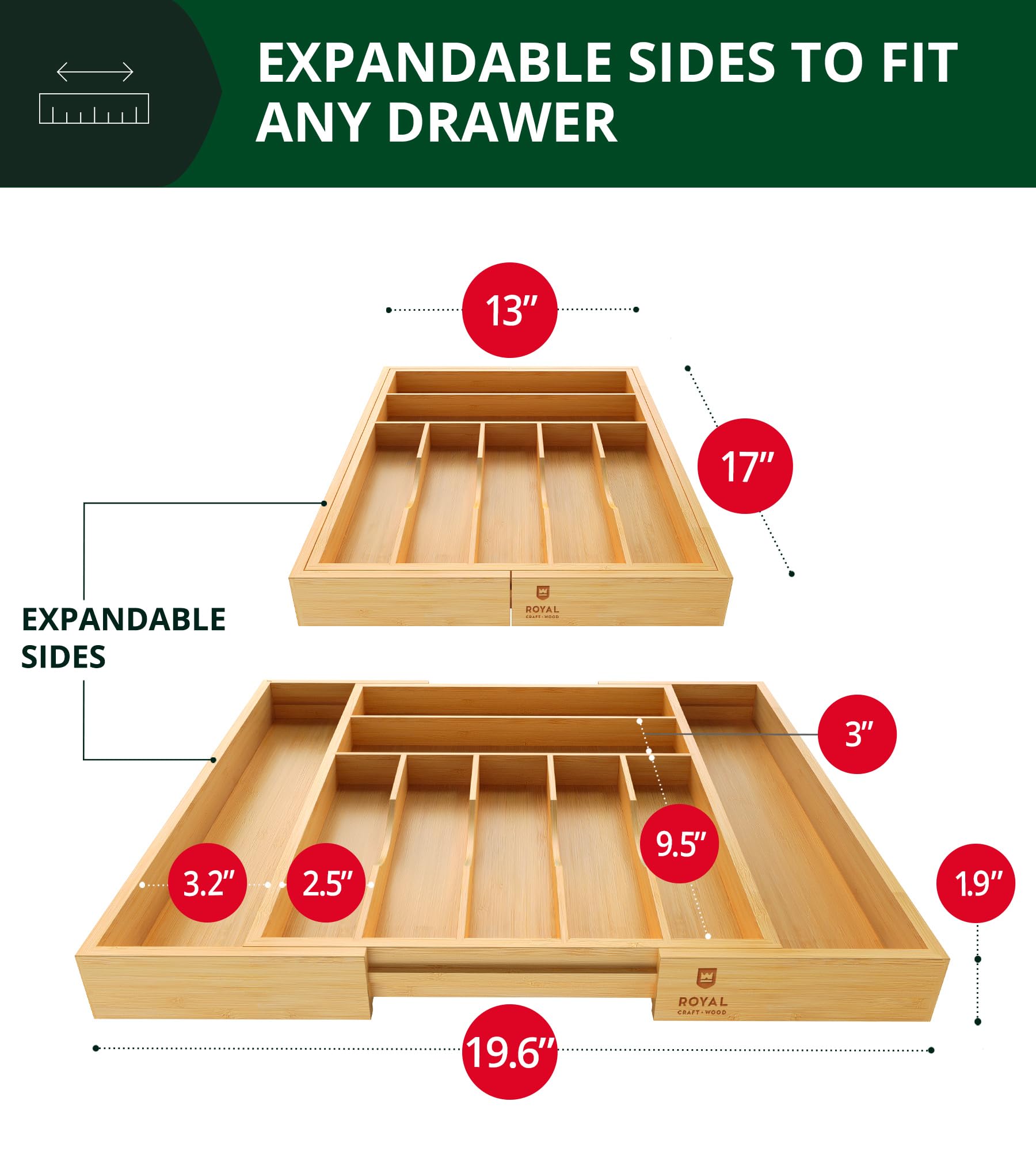 Luxury Bamboo Kitchen Drawer Organizer - Silverware Organizer - Utensil Holder and Cutlery Tray with Grooved Drawer Dividers for Flatware and Kitchen Utensils (9 Slot, Natural)