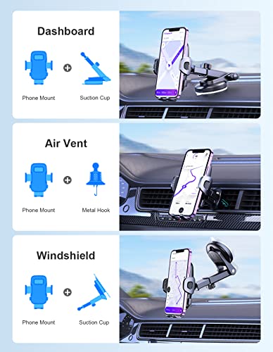 Dawinga Car Phone Holder Mount, [Military-Grade Suction] Phone Mount for Car Dashboard/Windshield/Vent，4-in-1 Universal Hands-Free Phone Holder for Car Compatible with iPhone 14 13 12 11 Pro Max, etc