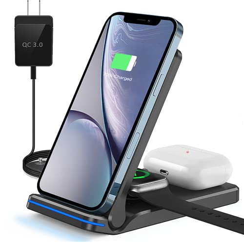 Wireless Charger, 3 in 1 15W Fast Charging Dock Stand for iPhone 14/13/12/11/Pro Max/XS/XR/X/8 Plus/8, Compatible with Apple Watch Series and AirPods 3/2/Pro with 18W Adapterļ¼Blackļ¼
