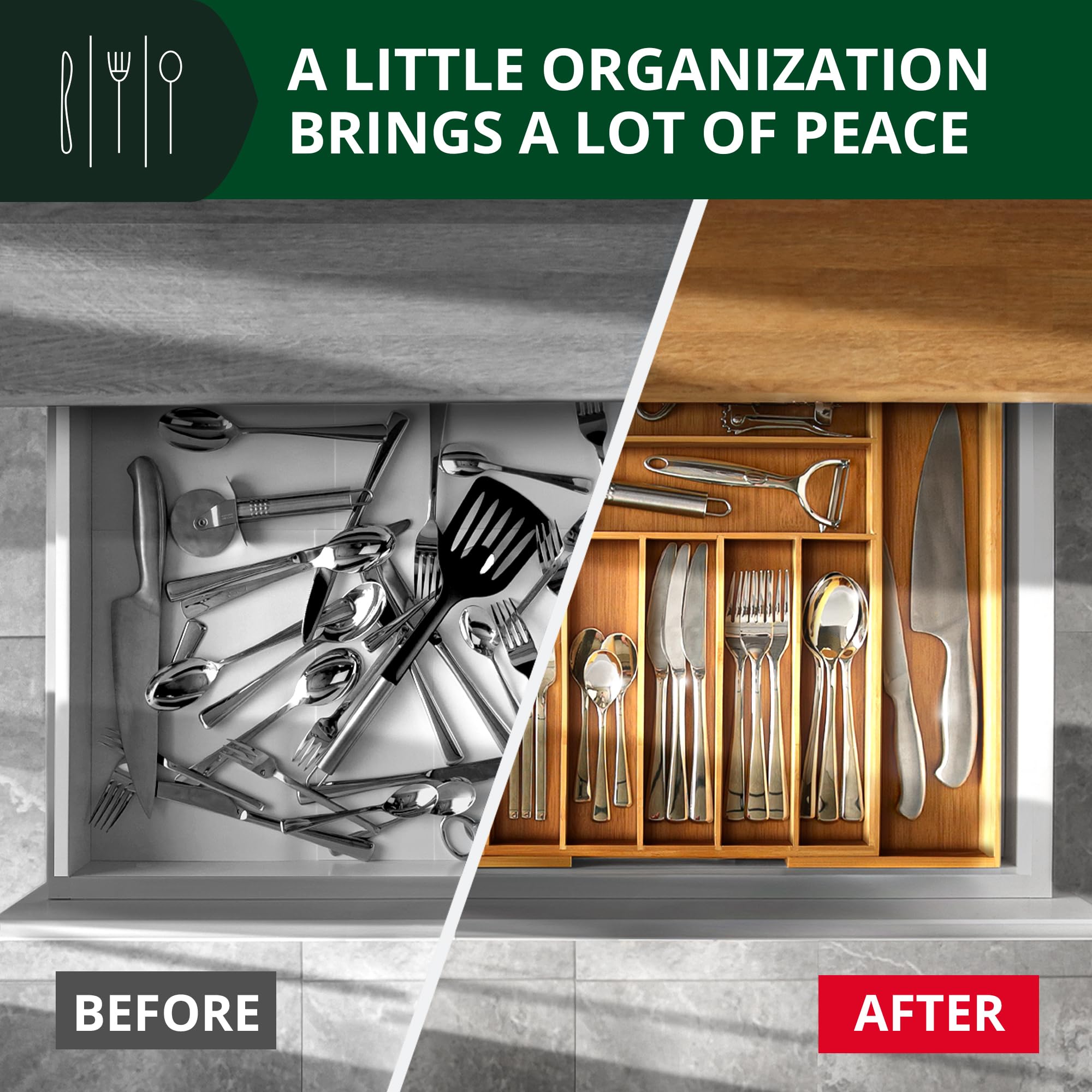 Luxury Bamboo Kitchen Drawer Organizer - Silverware Organizer - Utensil Holder and Cutlery Tray with Grooved Drawer Dividers for Flatware and Kitchen Utensils (9 Slot, Natural)