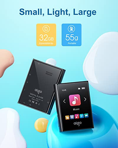 【2023 New Edition】 aigo 32GB Bluetooth 5.0 MP3 Player, Portable Touch Screen HiFi Lossless Sound Music Player with Bulit-in Speaker, FM Radio, Voice Recorder, E-Book, Support Up to 128G