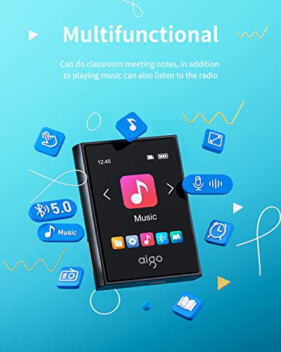 【2023 New Edition】 aigo 32GB Bluetooth 5.0 MP3 Player, Portable Touch Screen HiFi Lossless Sound Music Player with Bulit-in Speaker, FM Radio, Voice Recorder, E-Book, Support Up to 128G