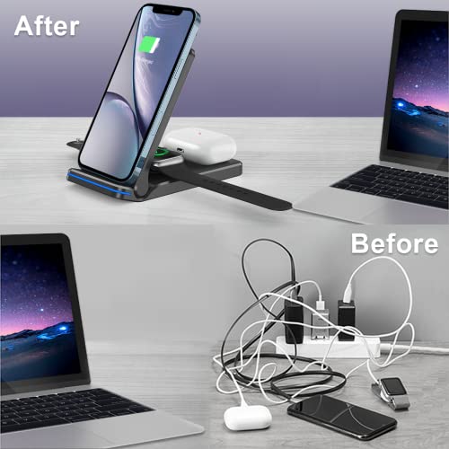 Wireless Charger, 3 in 1 15W Fast Charging Dock Stand for iPhone 14/13/12/11/Pro Max/XS/XR/X/8 Plus/8, Compatible with Apple Watch Series and AirPods 3/2/Pro with 18W Adapter(Black)