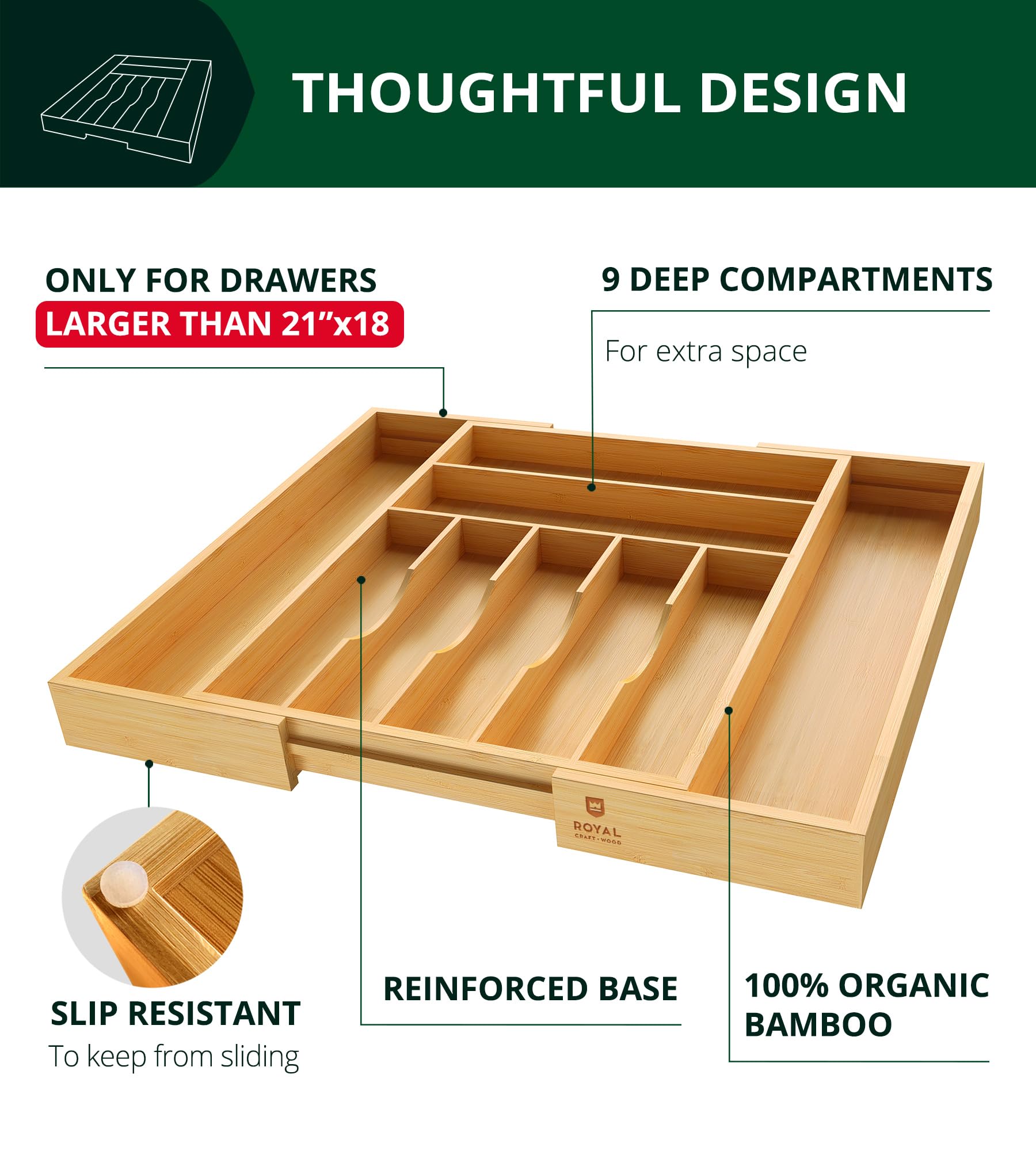 Luxury Bamboo Kitchen Drawer Organizer - Silverware Organizer - Utensil Holder and Cutlery Tray with Grooved Drawer Dividers for Flatware and Kitchen Utensils (9 Slot, Natural)