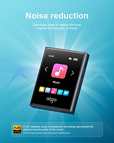 【2023 New Edition】 aigo 32GB Bluetooth 5.0 MP3 Player, Portable Touch Screen HiFi Lossless Sound Music Player with Bulit-in Speaker, FM Radio, Voice Recorder, E-Book, Support Up to 128G