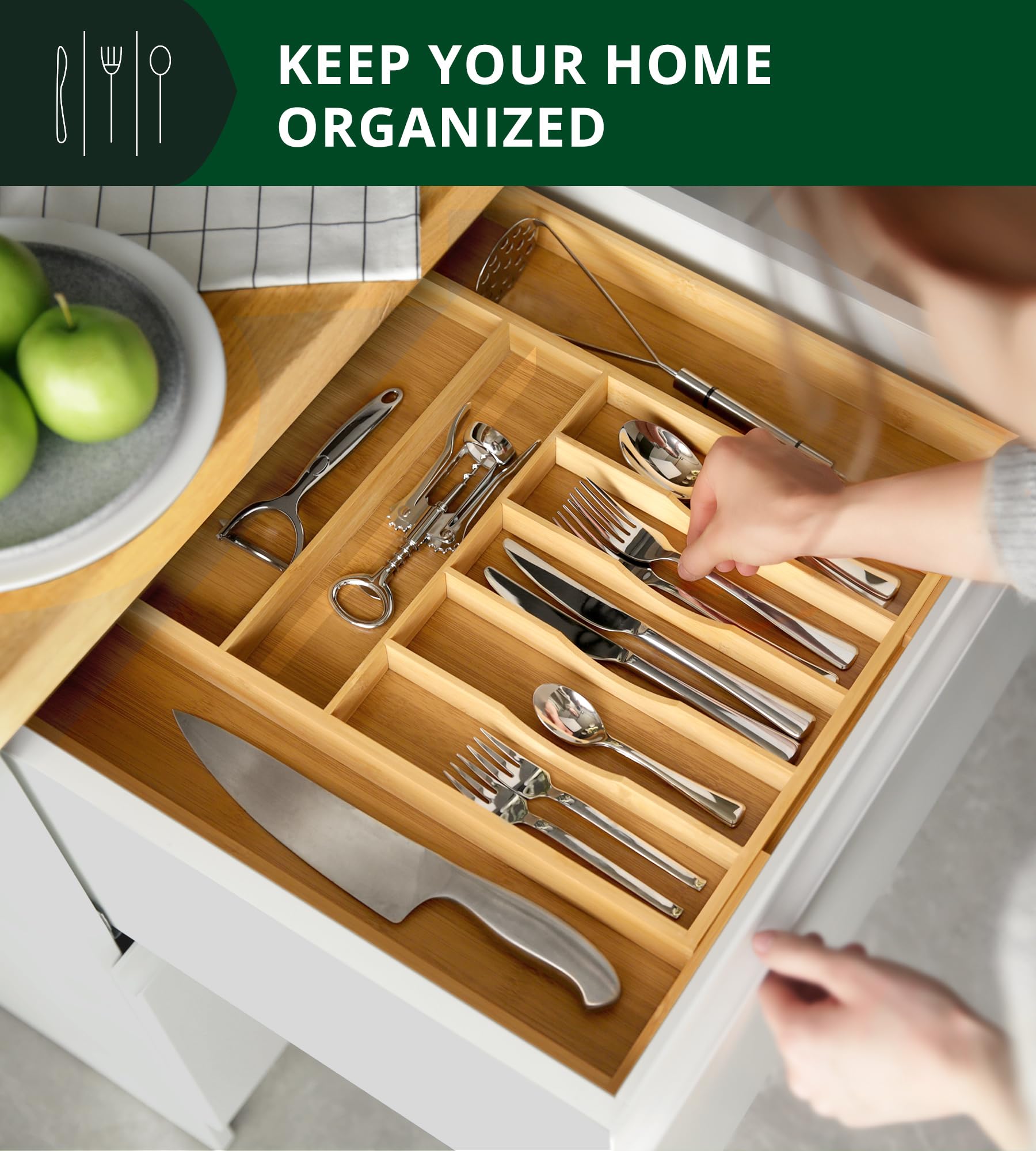 Luxury Bamboo Kitchen Drawer Organizer - Silverware Organizer - Utensil Holder and Cutlery Tray with Grooved Drawer Dividers for Flatware and Kitchen Utensils (9 Slot, Natural)