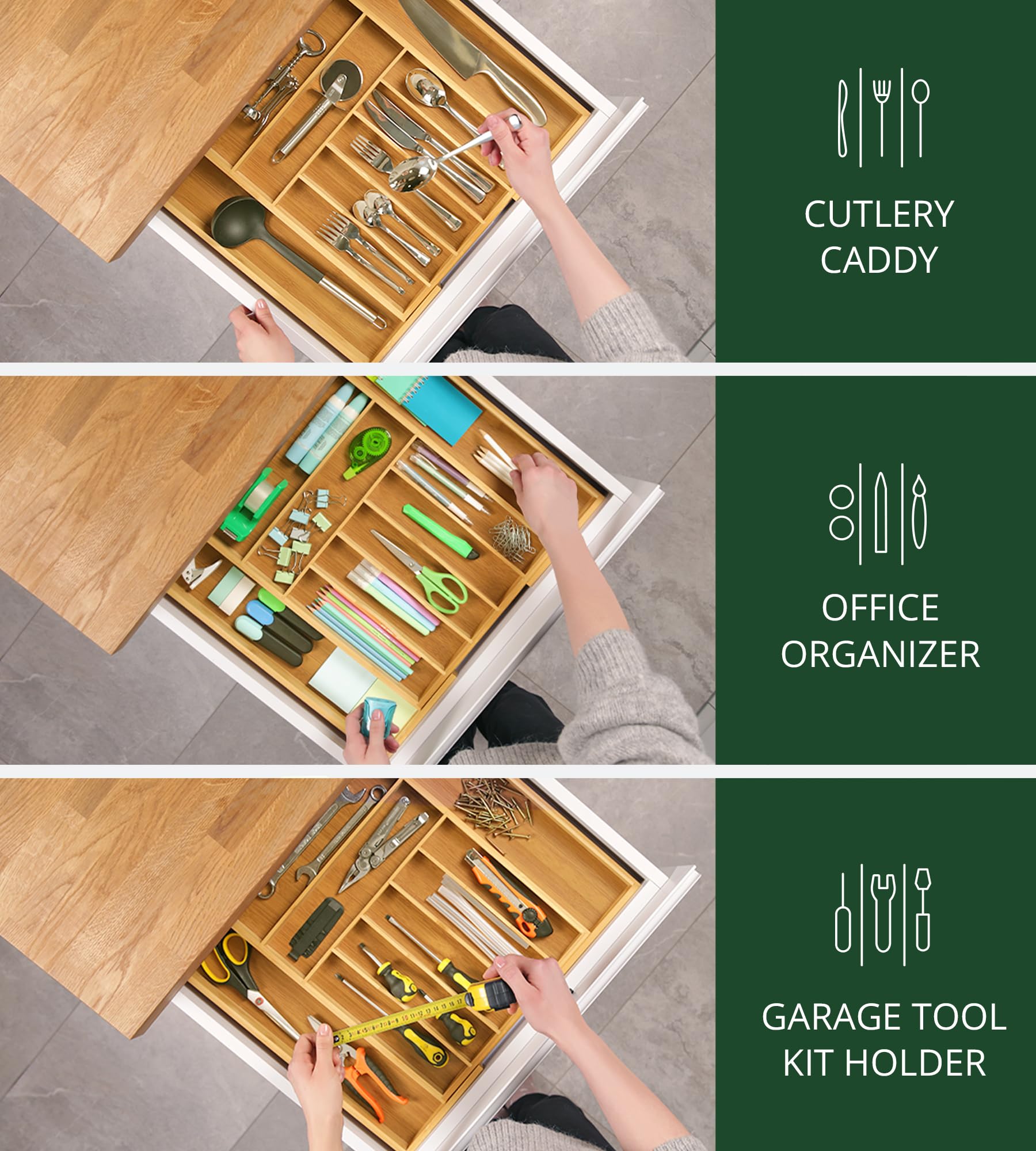 Luxury Bamboo Kitchen Drawer Organizer - Silverware Organizer - Utensil Holder and Cutlery Tray with Grooved Drawer Dividers for Flatware and Kitchen Utensils (9 Slot, Natural)